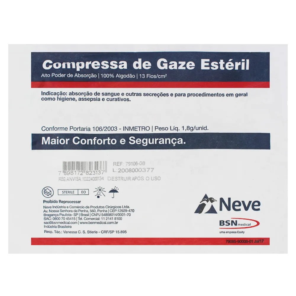 COMPRESSA DE GAZE 13 FIOS 7,5CM X 7,5CM C/RX C/10 UNID ESTERIL - NEVE ...