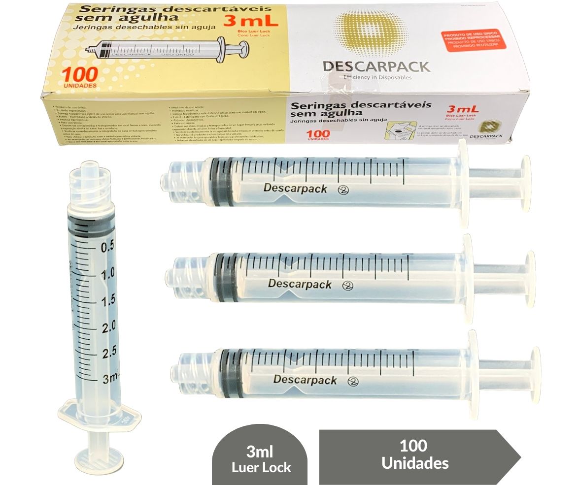 SERINGA DESC 3ML, S/AG, LOCK, 100UN, DESCARPACK, Cristal Distribuidora